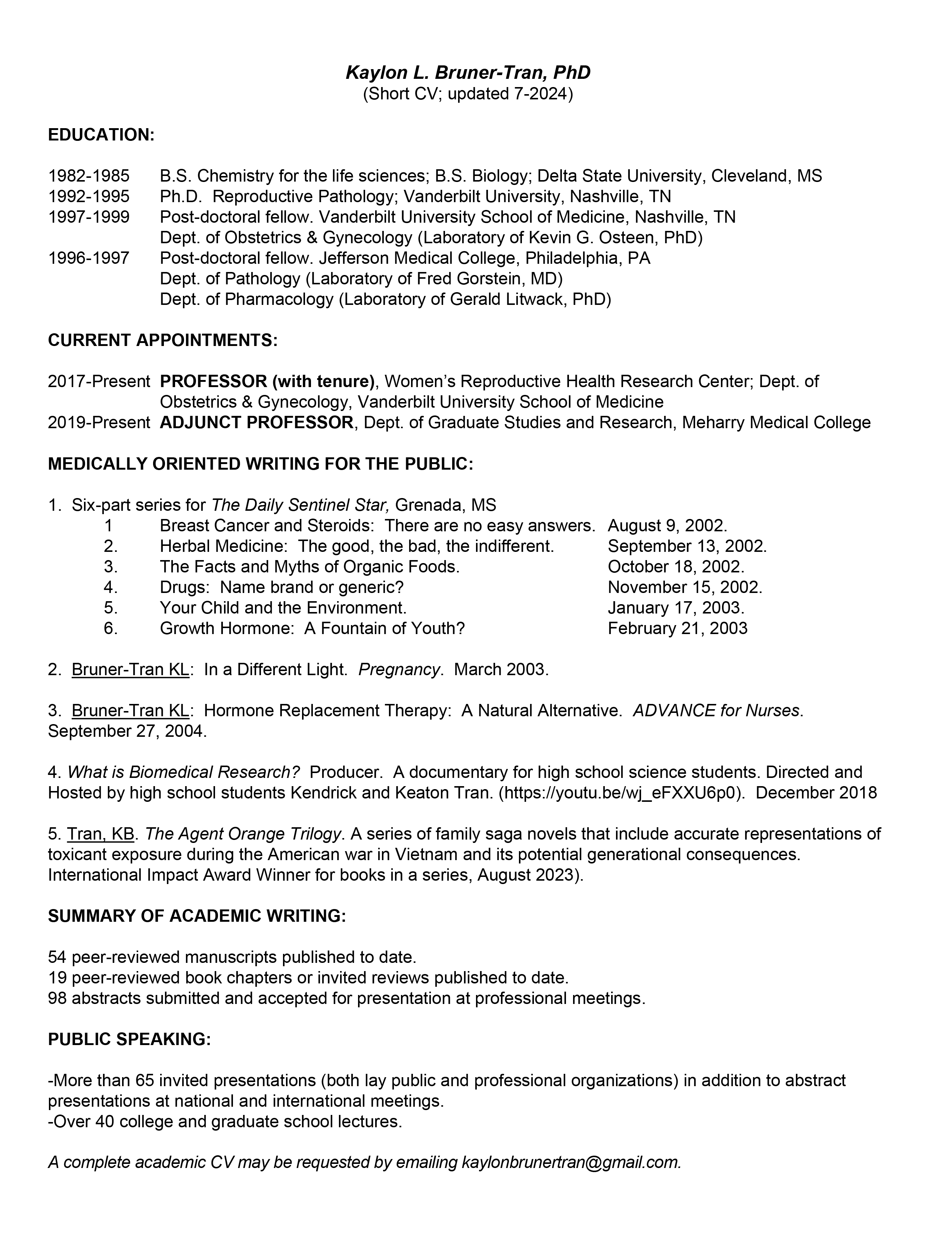 Abbreviated Curriculum Vitae – Biomedical Prose